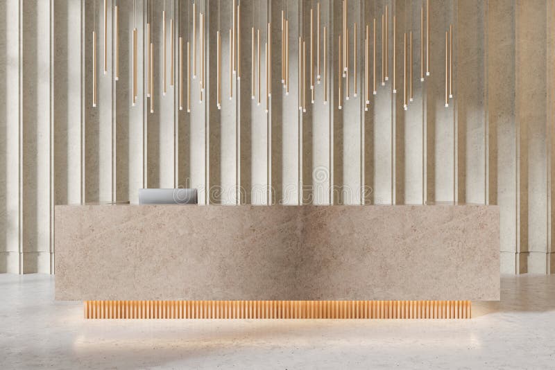 Modern Reception Desk with Hanging Lights, Minimalistic Design, Neutral ...