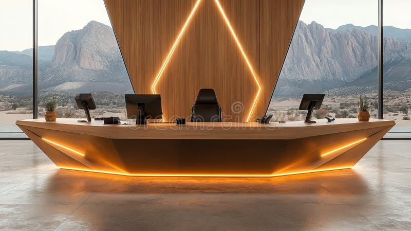 Modern Reception Desk with Illuminated Accents, Showcasing a Panoramic ...