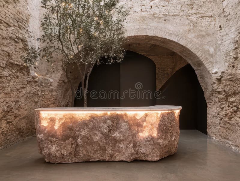 A Modern Reception Desk Made of Stone in an Old Building. Stock ...