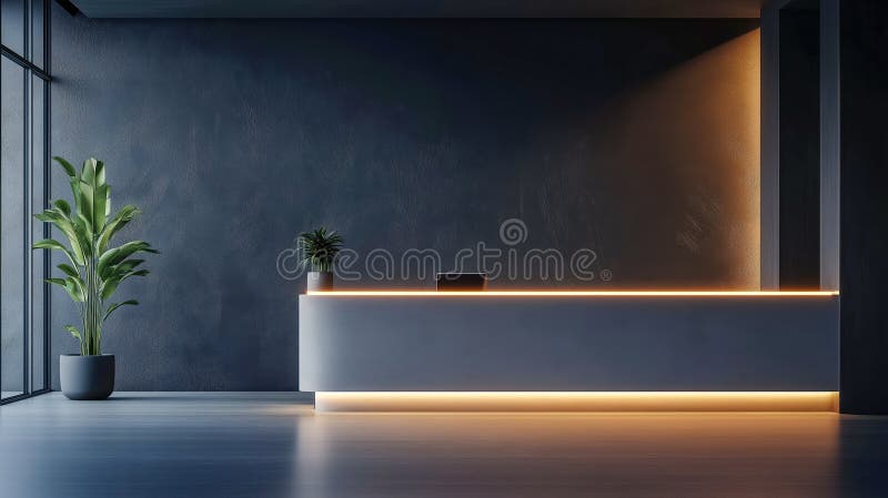 Modern Reception Desk in Minimalist Office Space with Indoor Plants ...