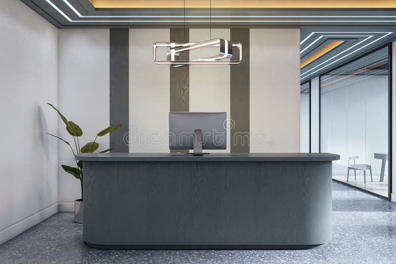 Modern Reception Desk Mockup in Minimal Office Interior with Clean Surfaces, Computer Screen ...
