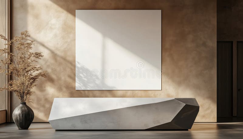Modern Reception Desk in Office Setting with Empty Poster Stock Photo ...