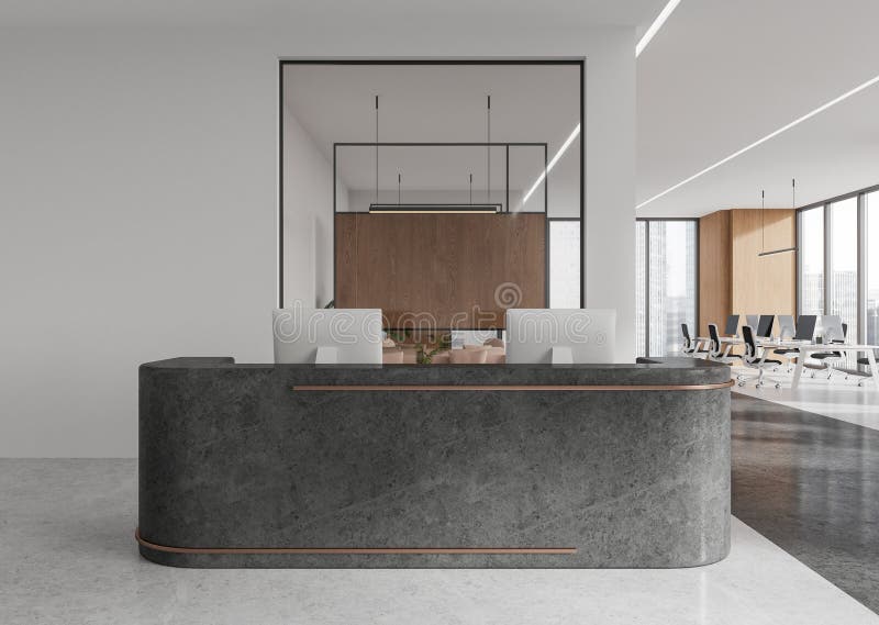 Modern Reception Desk in a Sleek Corporate Office Space with Large ...