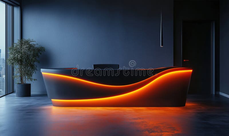 Modern Reception Desk with Sleek Design and Ambient Orange Lighting in ...