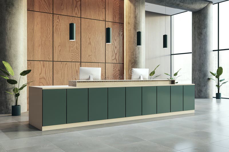 A Modern Reception Desk in a Stylish Interior with Wooden Wall Panels ...