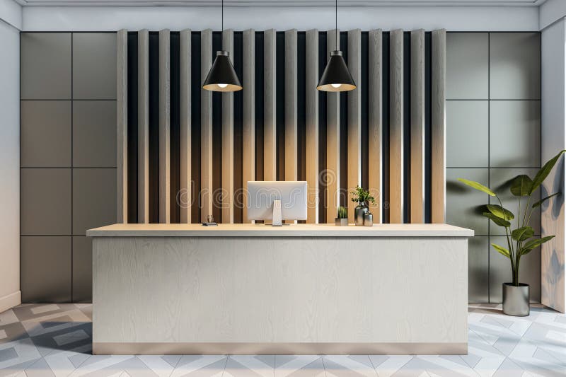 Modern Reception Desk in Stylish Office Lobby with Wood Panel Wall ...