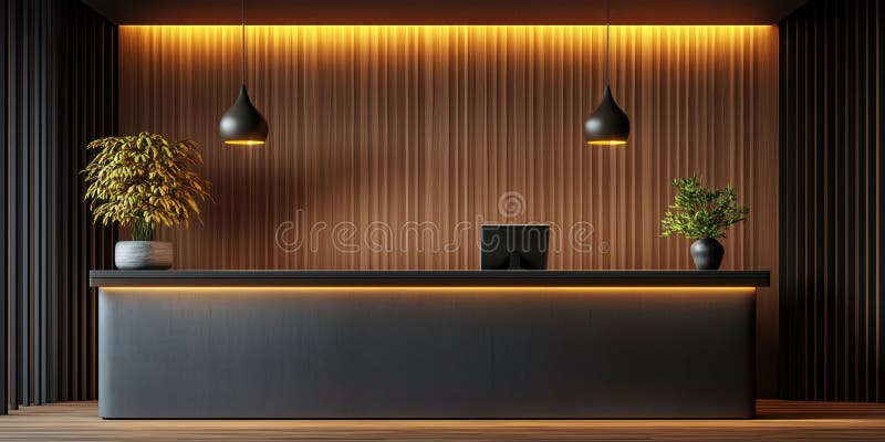 Modern Reception Desk with Warm Lighting and Decorative Plants in ...