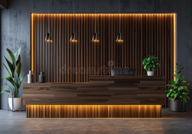 Modern Reception Desk with Wooden Wall and Warm Lighting Stock Photo ...