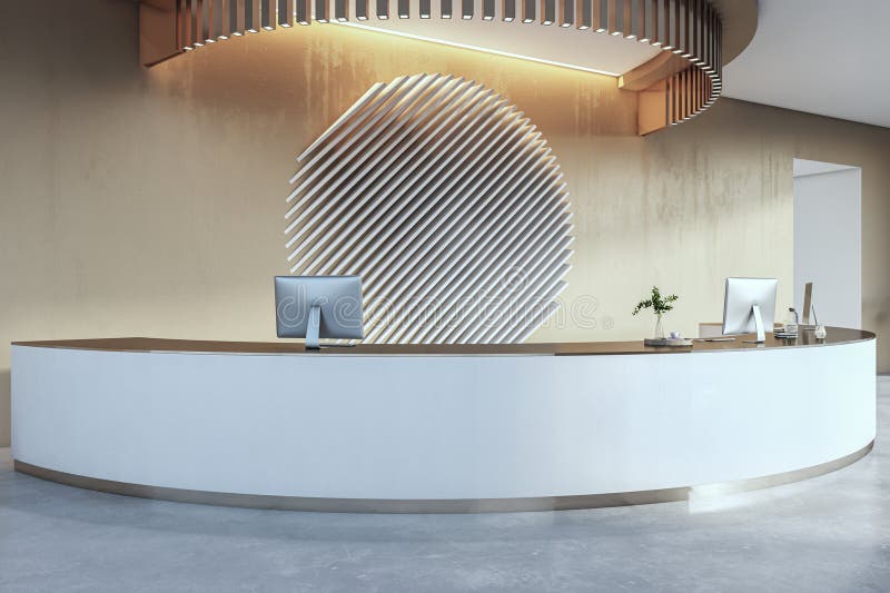 Modern Reception Interior with Decorative Wall Paneling, Computers on ...