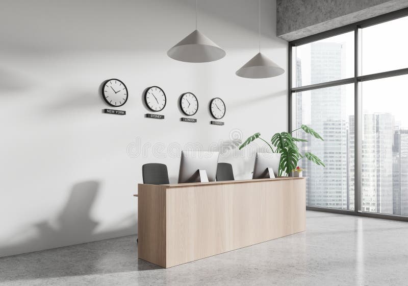 Modern Reception Interior Desk with Pc Computer and Clocks, Panoramic ...