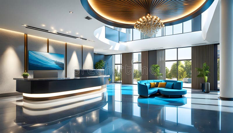 Modern Reception Lobby Interior Design, 3D Rendering, Stock ...