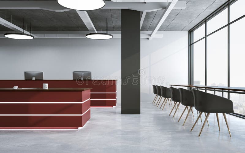 Reception Table. Modern Office Interior with White and Dark Marble ...