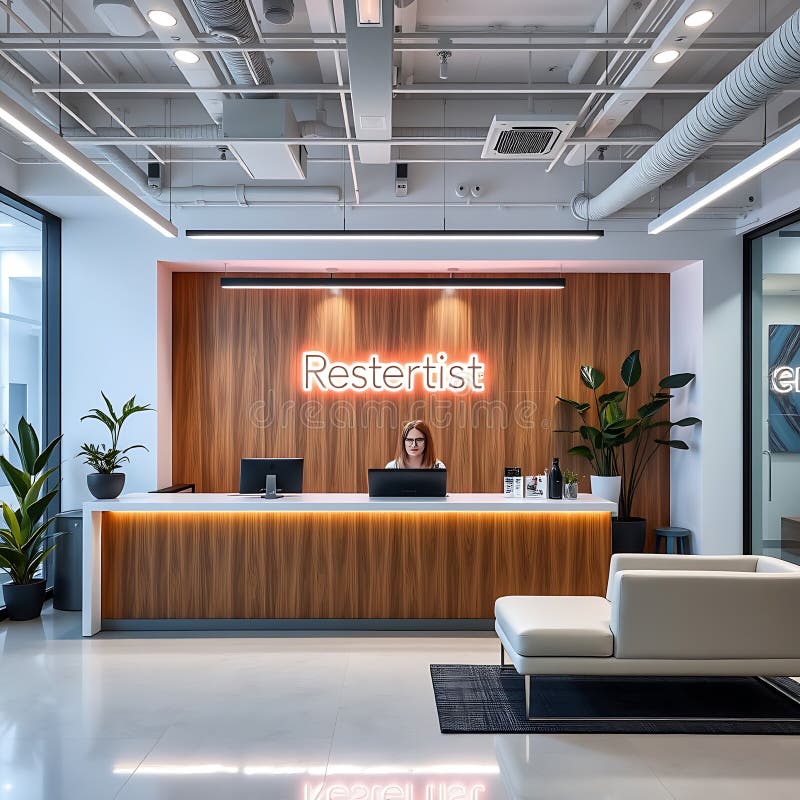 A Modern Receptionist Desk in a Startup Office with Sleek Design Neon ...