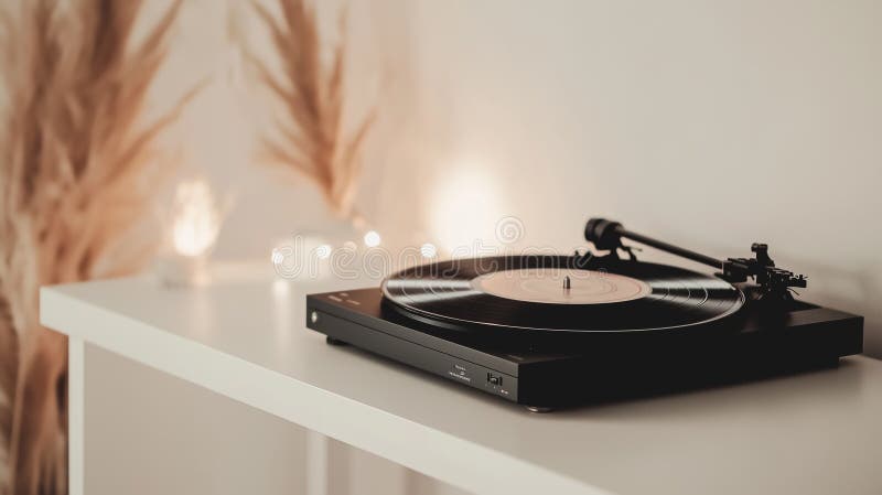 Modern Record Player on White Table with Colorful Vinyl Collection ...