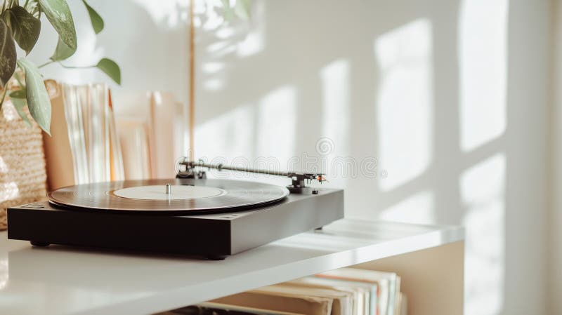 Modern Record Player on White Table with Colorful Vinyl Collection ...