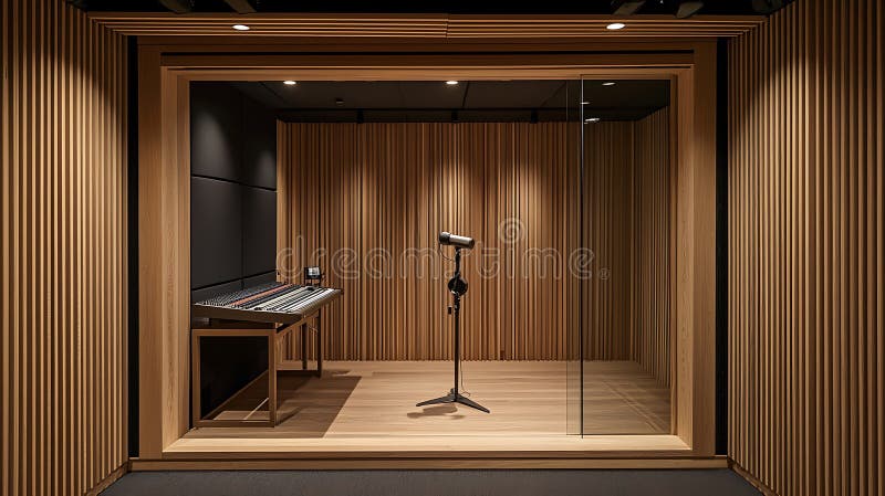 Modern Recording Studio Booth with Wooden Walls, Microphone Stand, and ...