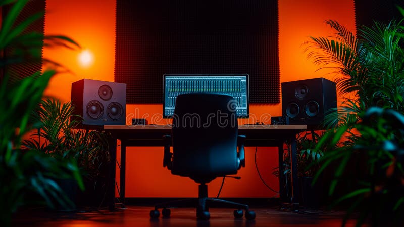 Modern Recording Studio Featuring Black and Orange Lighting, Surrounded ...