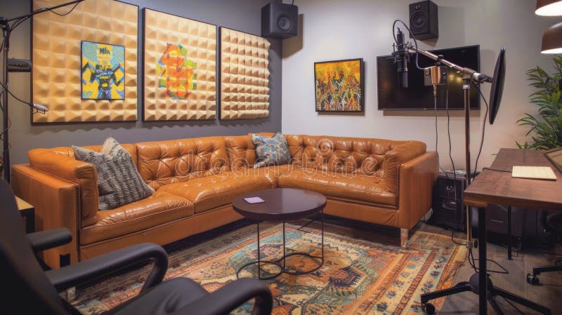 Modern Recording Studio with Brown Leather Sofa and Creative Decor ...