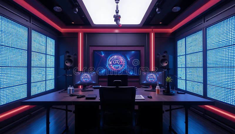 Modern Recording Studio Setup with Computer Screens and Neon Accents ...
