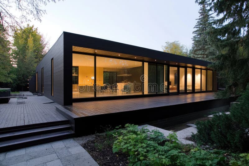 Modern Rectangular Black House with Large Glass Windows and Wood Patio ...