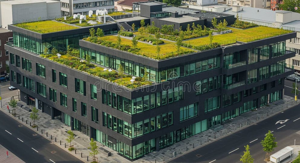 Modern Rectangular Building with Multiple Floors, Featuring Extensive ...