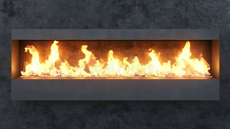 Modern Rectangular Fireplace Burning, Concrete Wall, Home Interior ...