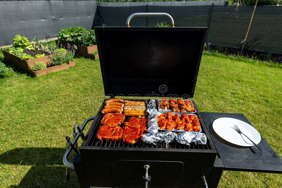 A Modern Rectangular Grill Standing in the Garden on a Beautiful Green ...