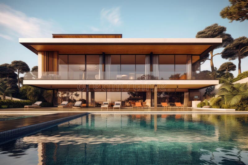 Modern Rectangular Multi-storey Villa with Swimming Pool. Ai Generative ...