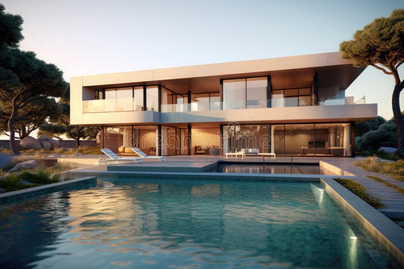 Modern Rectangular Multi-storey Villa with Swimming Pool. Ai Generative ...