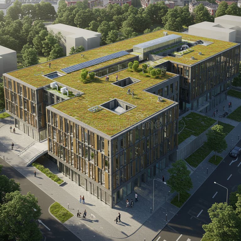 Modern, Rectangular Office Building Featuring a Green Rooftop with ...