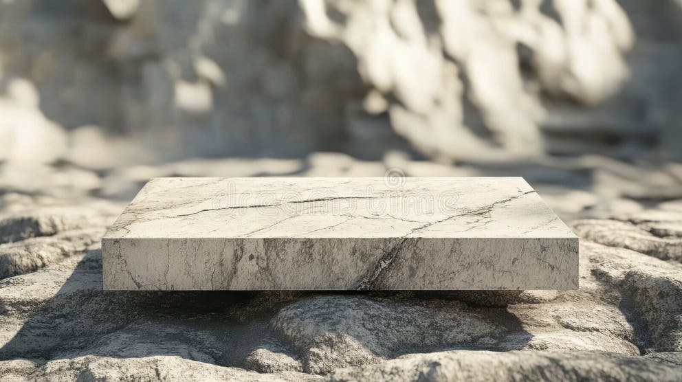 Modern Rectangular Podium with Rugged Rock Base, Soft Lighting Emphasis ...