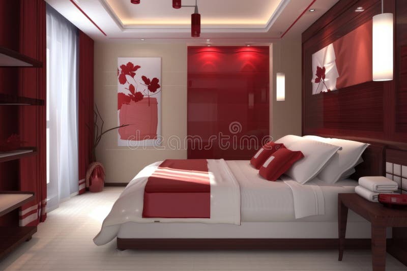 Modern Red Accent Bedroom Interior with Cozy Ambiance Stock Photo ...