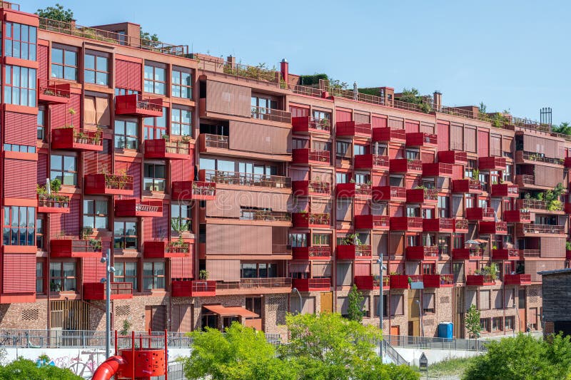 Modern Red Apartment Building Stock Photo - Image of block, condos ...