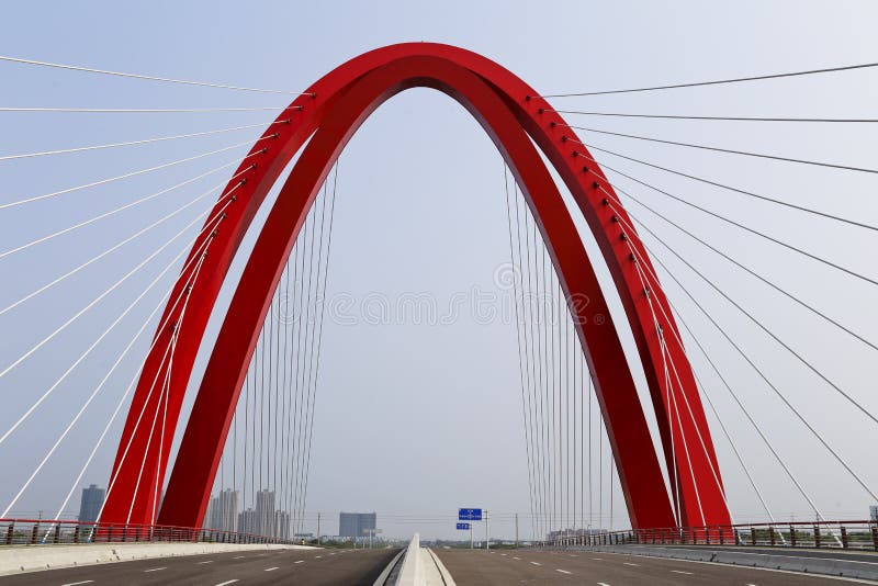 The Red Arch Bridge, Radial Cables Stock Photo - Image of guardrail ...
