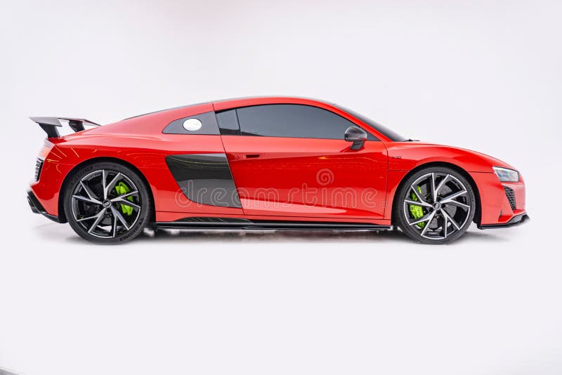Modern Red Audi R8 Sport Plus in Studio Isolated on a White Background ...