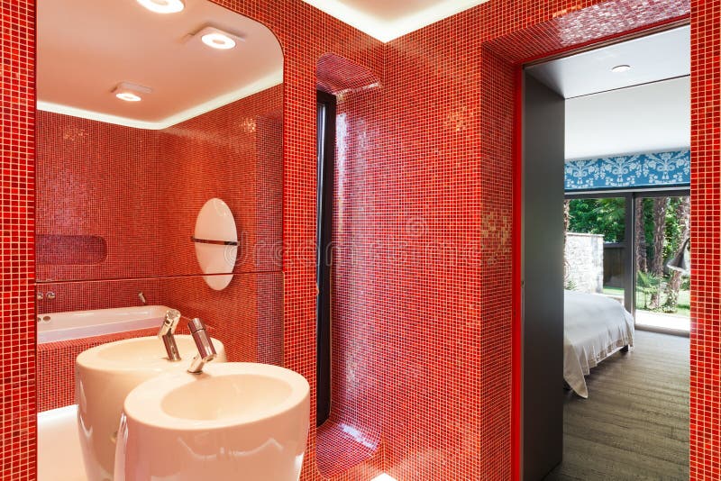 Modern red bathroom stock photo. Image of design, interior - 46722942