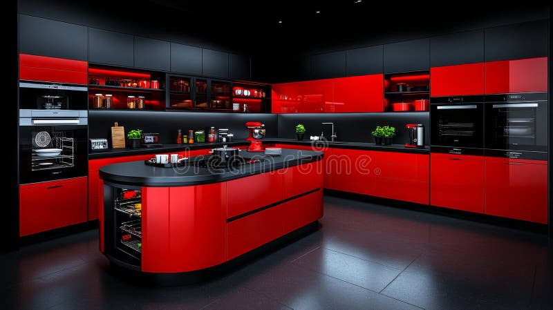 Modern Red and Black Kitchen Design Featuring Sleek Appliances and ...
