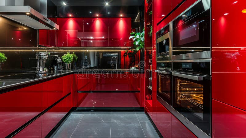 Modern Red and Black Kitchen Interior Design with Glossy Cabinets and ...