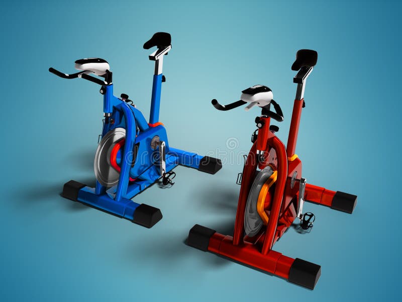 Modern Red and Blue Exercise Bikes Perspective 3d Render on Blue ...