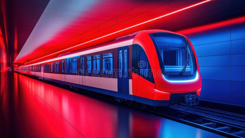Modern Red and Blue Train in Underground Station with Red Light Stock ...