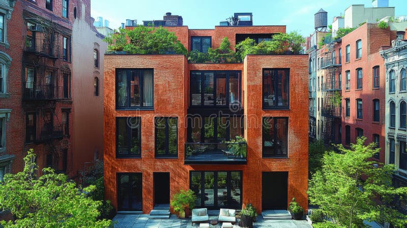 Modern Red Brick Townhouse with Rooftop Garden in Urban Setting Stock ...