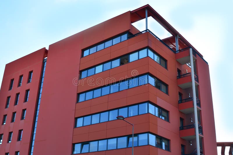Modern Red Building with Glass Windows Stock Photo - Image of bright ...