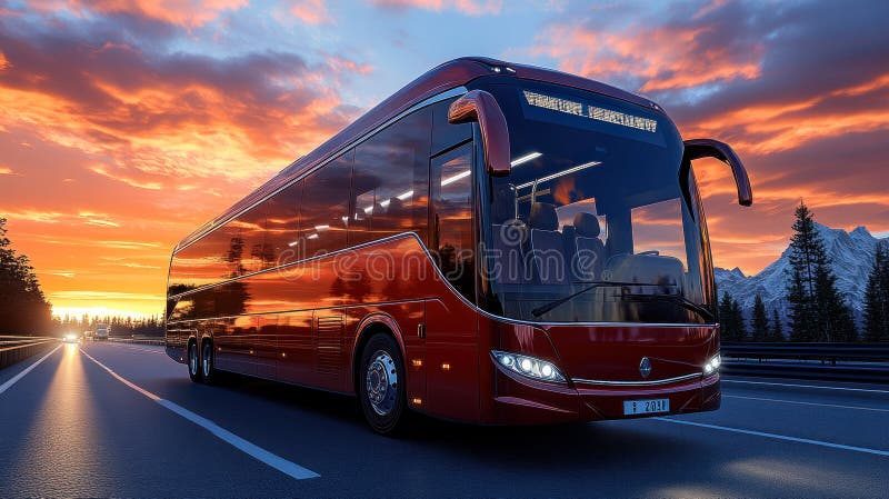 Modern Red Bus on Highway at Sunset Stock Illustration - Illustration ...