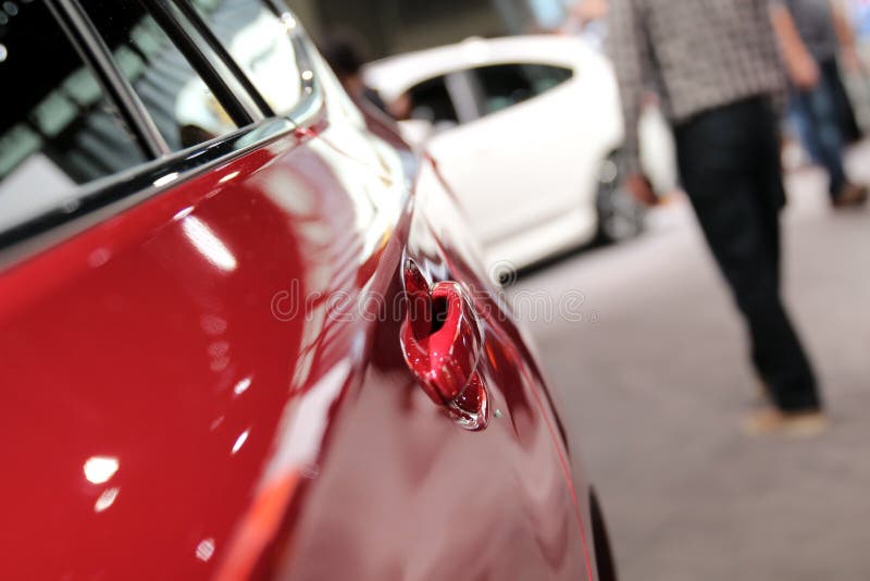 Modern red car. Auto show. stock image. Image of glass - 134552357