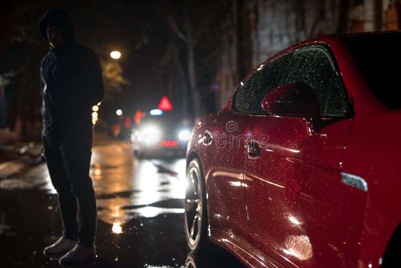 Modern Red Car on Near Human. Dramatic Concept. Stock Image - Image of ...
