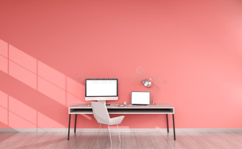 Modern Red Desktop Interior with Devices 3D Rendering Stock ...
