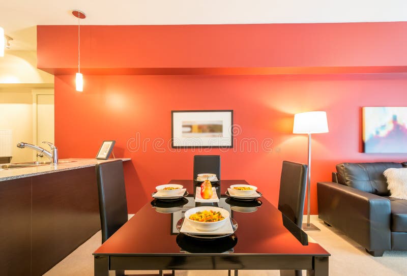 Modern red dining room stock photo. Image of kitchen - 72282036