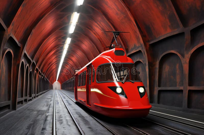 Modern Red Electric Train on a Dark Underground Tunnel Stock ...