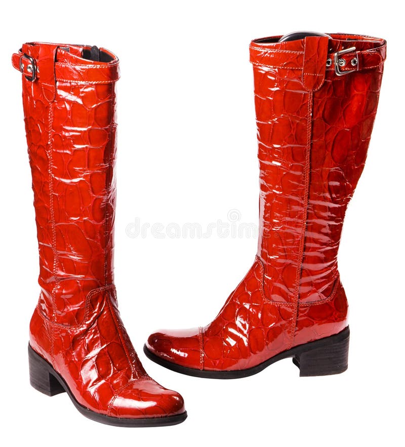 Red Women S Boots Genuine Leather, Metal Buckles Stock Photo - Image of ...