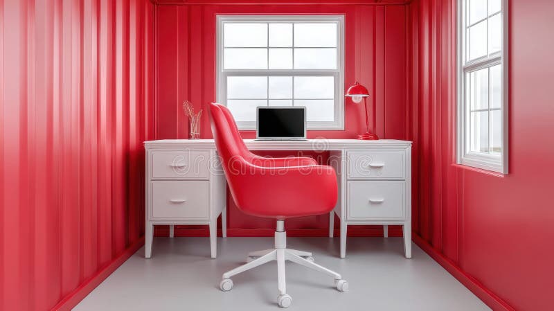 Modern Red Home Office Interior with Desk and Computer Setup Stock ...